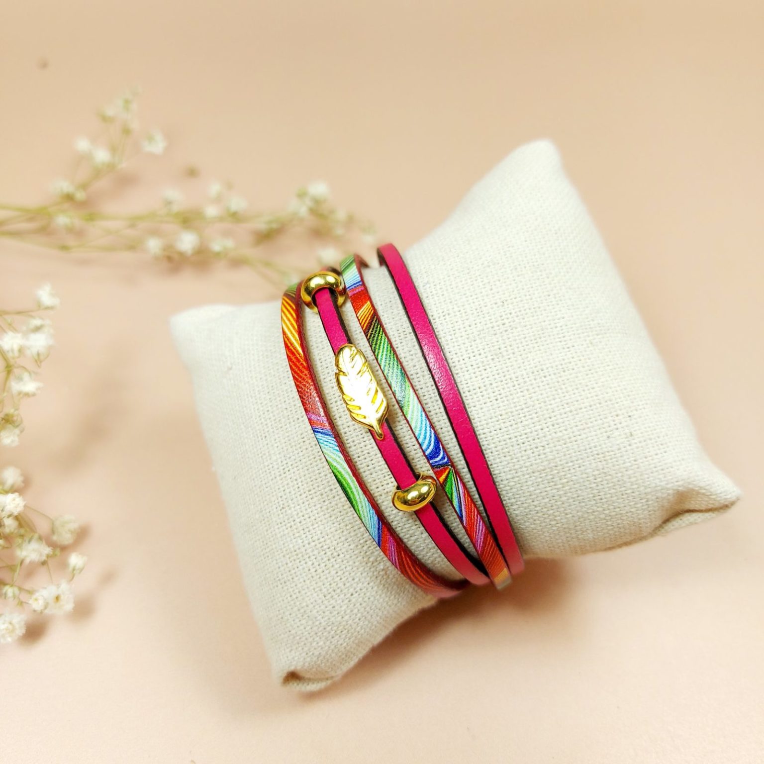 Bracelet cuir plume dorée multirang - Les Heures du Cuir
